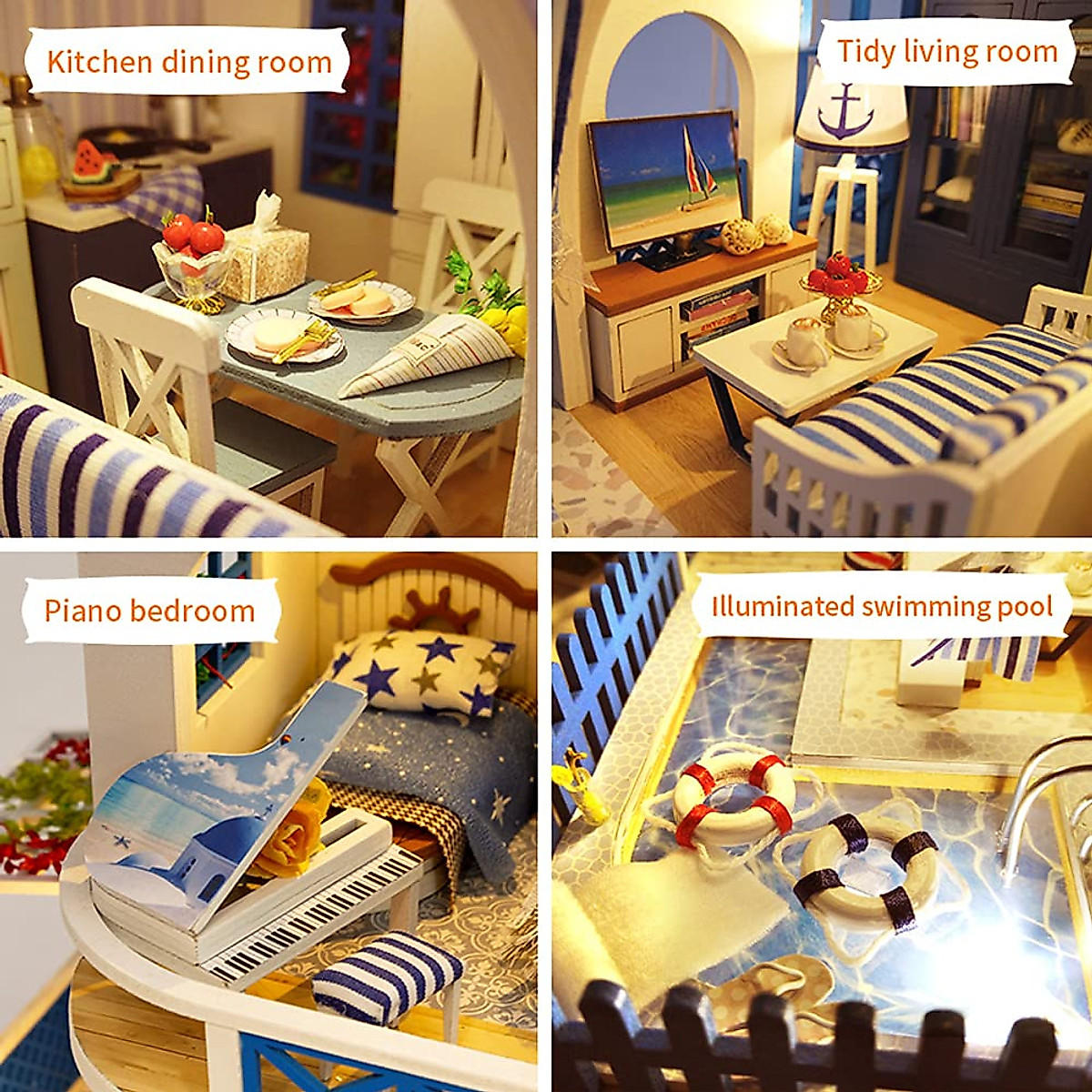 Yuzhen DIY Miniature Dollhouse Kit with Furniture and LED Lights, Modern Wooden Villa Model Includes Dustcover and Music Box, Creative Gift for Adults and Kids