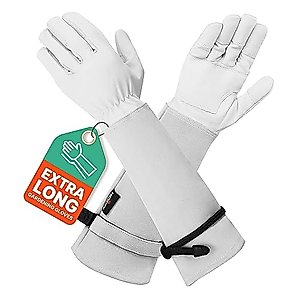 NoCry Leather Gardening Gloves with Improved Long, Adjustable Gauntlet Cuffs; Puncture Resistant with Reinforced Palms and Fingertips; Perfect for Rose Pruning, Size Medium, Grey