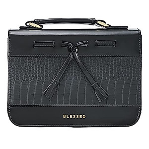 Christian Art Gifts Women's Black Vegan Leather Croc Style Fashion Bible Cover w/Tassels: Blessed - Inspiring Protective Carry Case Accessory w/Gold Accents, Pockets, Pen Loops & Grace Zipper, Medium