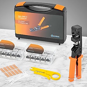 Everest Media Solutions easySHIELD (CAT6A Kit) - Speed Termination Tool, with 12 Slim Profile, 90-Degree RJ45 Shielded Keystone Jacks - F/STP Punch Down Crimper - Tested for CAT5e, CAT6, CAT6A, CAT7
