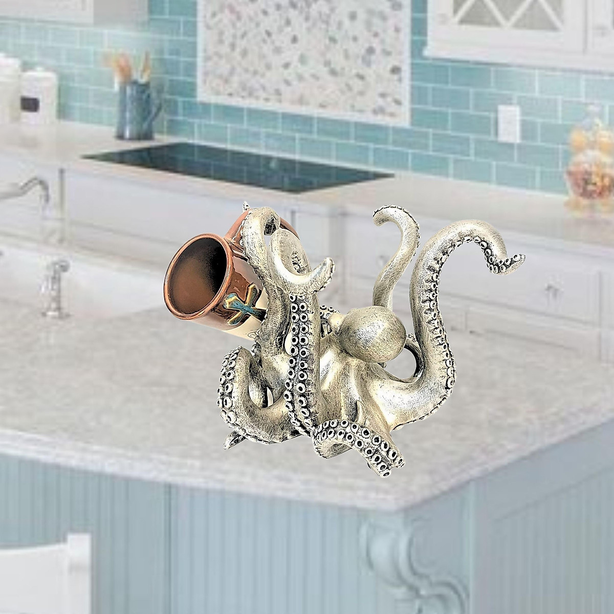Vintage Style Octopus Coffee Mug Tea Cup Holder in Silver Tone Kitchen Dining Coffee Bar Statue Accessory