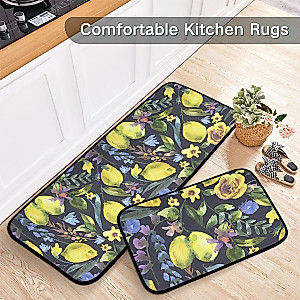 Floral Citrus Fruit Lemon Kitchen Rugs and Mats Set 2 Piece Non Slip Washable Runner Rug Set of 2 for Floor Home Decor Sink Kitchen Laundry