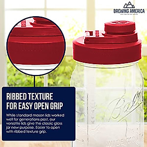 Brewing America Glass Mason Jar Pitcher with Lid - Ball Jars, 2 Quart (64 oz) with Old Glory Red Wide Mouth Mason Jar Pour Lid, for Smoothie, Boba Cup, Sun Tea Jar, Cold Coffee Glass Tumbler