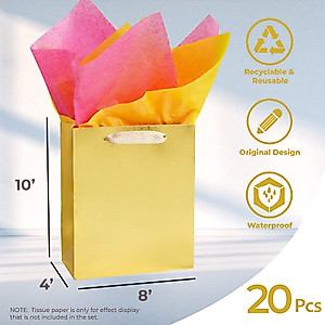 UnicoPak Gold Gift Bags Medium Size 8x4x10 20Pcs, Glossy Finish Waterproof Surface with Embossed Pattern, Gift Bags with Handles Gold Gift Bags for Birthday, Party, Wedding, Shopping
