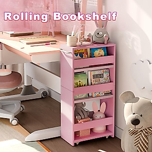 MARTY Pink Slim Storage Cart, 4-Tier Rolling Bookshelf Kitchen Cart with Wheels, Laundry Room Organization with Handle Slide Out Utility Cart Shelving Unit Trolley for Narrow Places