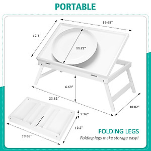 Bed Tray Table Breakfast Tray with Folding Legs Kitchen Food Serving Tray for Notebook Computer Bed Platters Lap Desk Snack Tray（White)