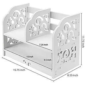 MyGift 2-Tier White Openwork Design Desktop Book and Stationary Organizer Rack, Countertop Bookcase Shelf