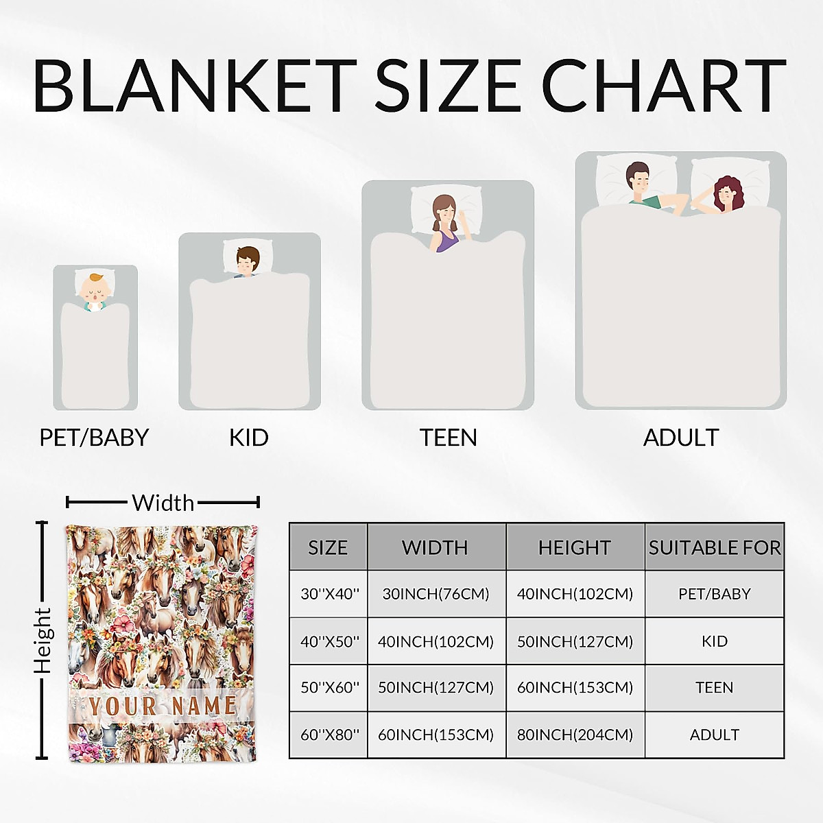 Personalized Horse Throw Blanket - Soft, Fuzzy & Warm - 40 x 50 Inches Small Blanket for Couch, Sofa - Colorful Cute Blanket Gift for Girls, Boys