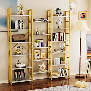 oneinmil Triple Wide 6-Shelf Bookcase Industrial Vintage Wood Style Large Open Bookshelves for Home&Office, Rustic Brown (6 Tier, White/Gold)
