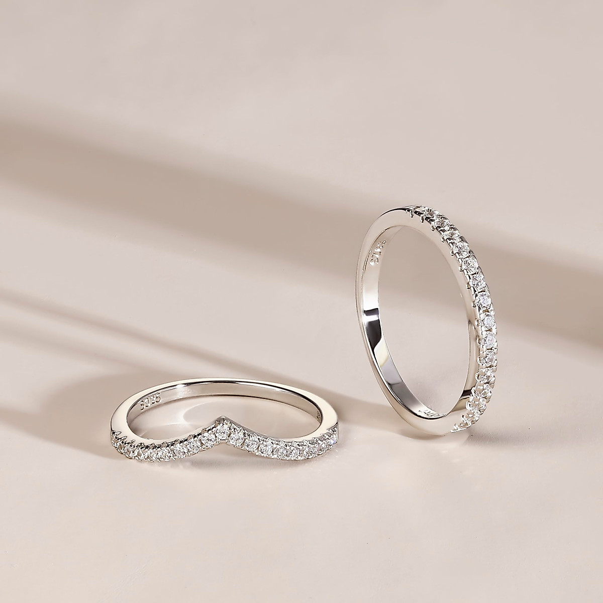 JALOKIVI 2mm 925 Sterling Silver Eternitys Ring for Women Chevron Cubic Zirconia Half Eternity Wedding Bands Size 8