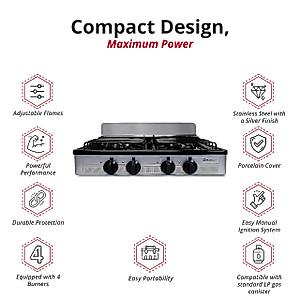 Koblenz PSK-400S 4 Portable Porcelain Cover and Four 16,000 BTU Burners, Stainless Steel Stove for Propane Gas, Silver