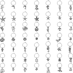 50 Piece Beach Themed Wine Glass Charms with 50 Pieces Hanging Rings and 2 Pieces Buckles for Tasting Party Decoration Supplies, 102 Pieces Totally