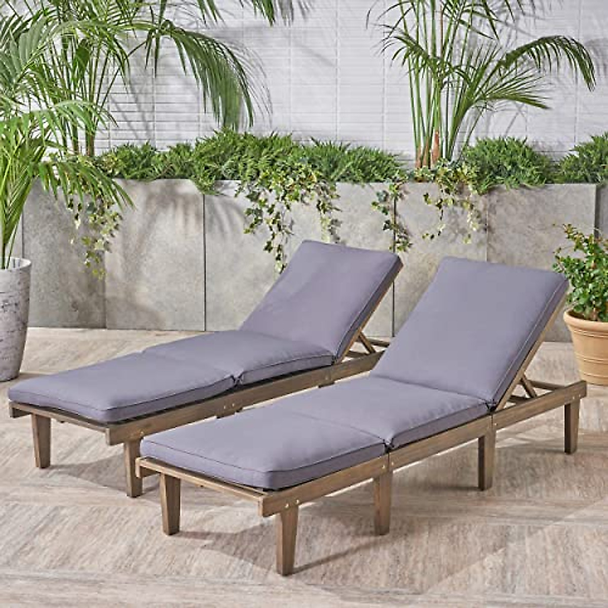 Christopher Knight Home Alisa Outdoor Acacia Wood Chaise Lounge (Set of 2), Grey Finish/Dark Grey Cushion
