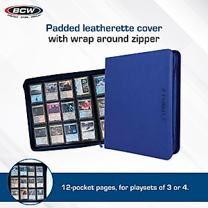 BCW Z-Folio LX Zipper Portfolio - Premium Blue Leatherette 12-Pocket Playset Album - Secure Zipper - 480 Card Capacity - Card Collector's Dream - Card Organizer - Trading Card Storage