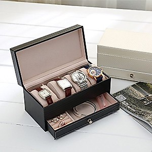 goldwheat Watch Box PU Leather Jewelry Organizer Travel Display Case for Men/Women,4 Slots Magnetic Top,Black