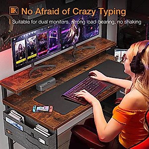 ODK Computer Desk with Adjustable Monitor Shelves, 48 inch Home Office Desk with Monitor Stand, Writing Desk, Study Workstation with 3 Heights (10cm, 13cm, 16cm), Rustic Brown