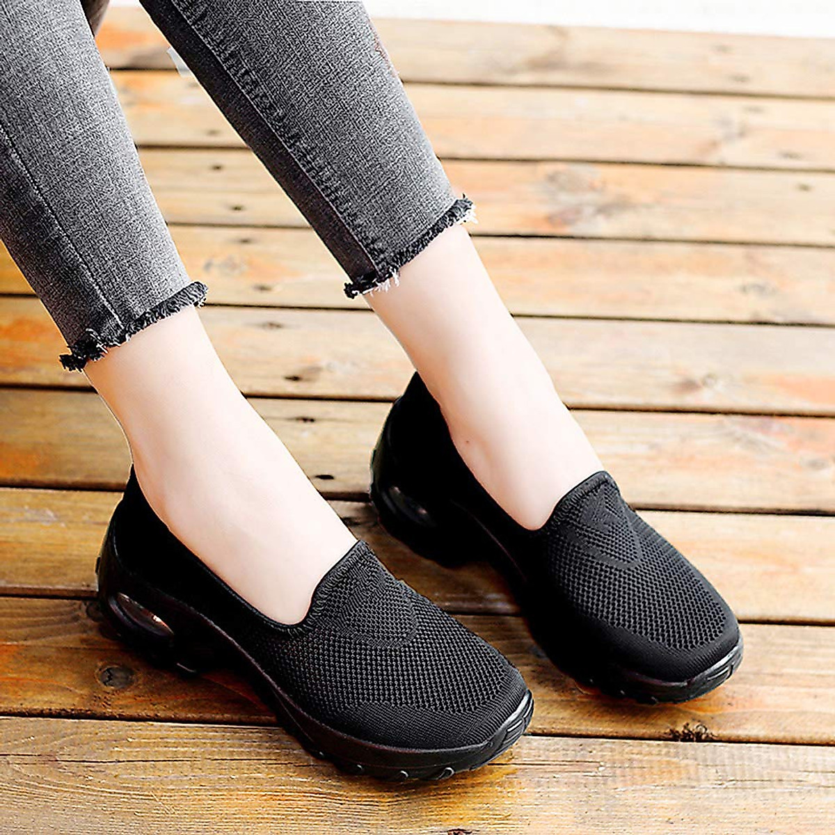 Aconhop Platform Sneakers Casual Shoes Women Slip-on Wedges Mesh Breathable Non-Slip Comfort Walking Shoes Black-36