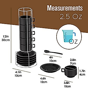 Houseables Espresso Cups and Saucers with Spoons, Black, Stackable Demitasse with Metal Stand, 19 Pieces, 2.5 Ounce, Porcelain, Tea Kit, Teacups, Turkish Coffee Mug, Organizer Rack