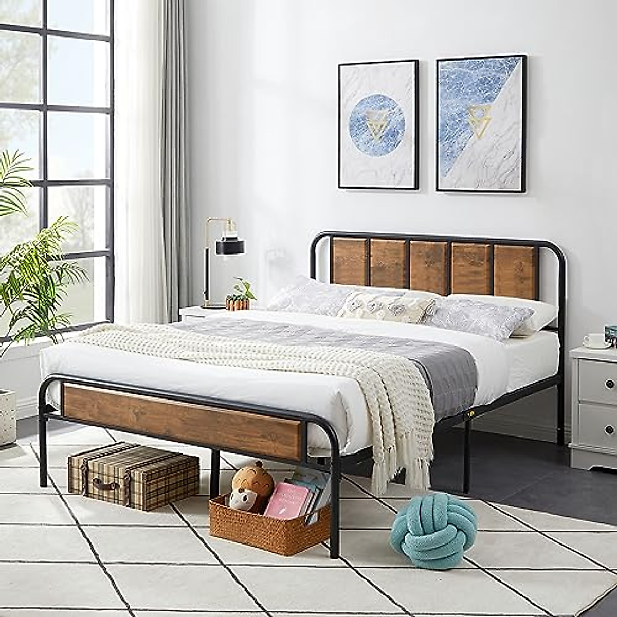VECELO Full Size Platform Bed Frame with Wood Headboard/Mattress Foundation/Premium Steel Slats Support/No Box Spring Needed,Brown(Industrial)