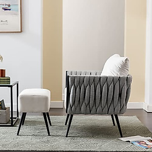 LukeAlon Velvet Accent Chair with Ottoman Set, Linen Weaved Back Living Room Chair with Metal Legs Upholstered Reading Chair with Armrest for Study Room Reception Room, Grey & Beige