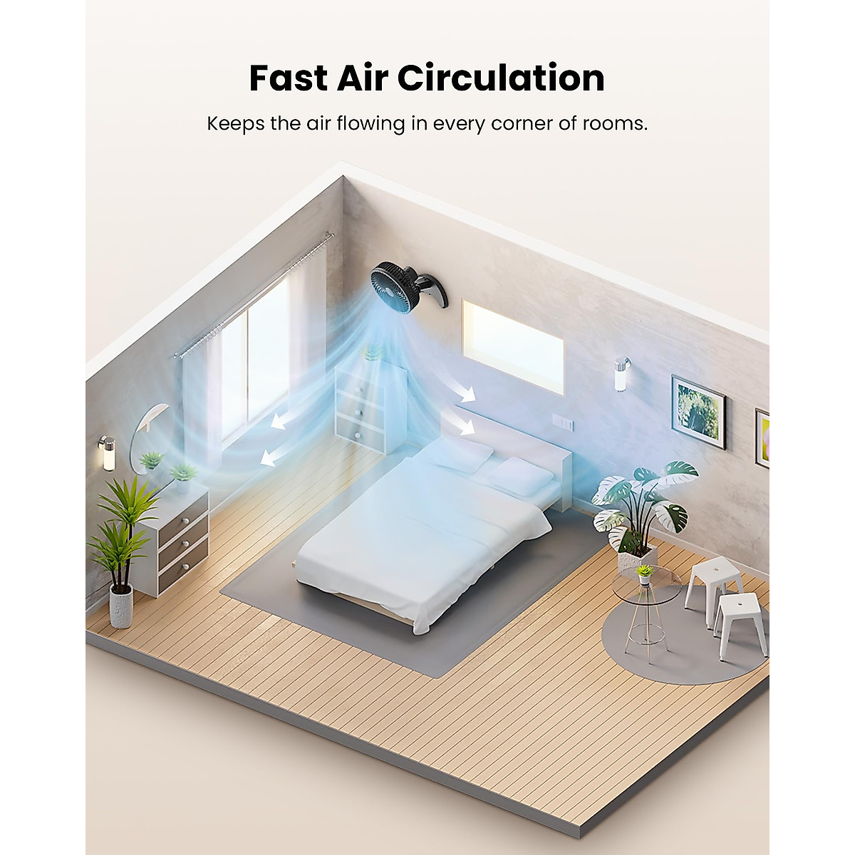 Koonie 8'' Wall Mount Fan, Quiet Small Wall Fan with Timer, 8.2ft Wired Remote, 80° Oscillation, 100° Adjustable, 3 Speeds High Velocity for RV Bedroom Kitchen Office Garage(Adapter Included)