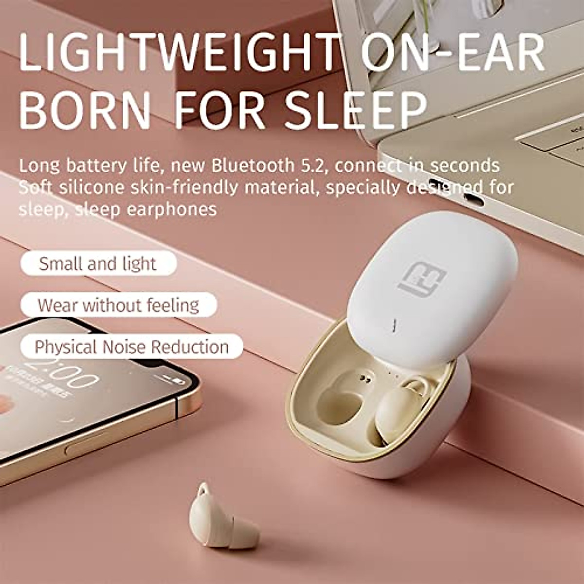Invisible Sleep Earbuds Smallest Lightest Tiny Noise Cancelling Ear buds for Sleeping Quiet-Comfort Mini Sleepbuds Wireless Bluetooth 5.2 Hidden Headphones for Side Sleepers/Work Small Earplugs-Pink