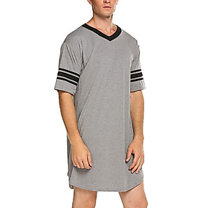 Ekouaer Men's Nightshirt Cotton Nightwear Comfy Big&Tall V Neck Short Sleeve Soft Loose Pajama Sleep Shirt,Men-grey,Large