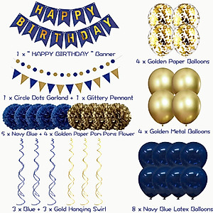 Navy Blue Gold Birthday Decorations, Birthday Party Supplies for Men Women Boys Girls with HAPPY BIRTHDAY Banner, Tissue Paper Flowers Pom Pom, Pennant and Circle Dot String, Latex Confetti Balloons