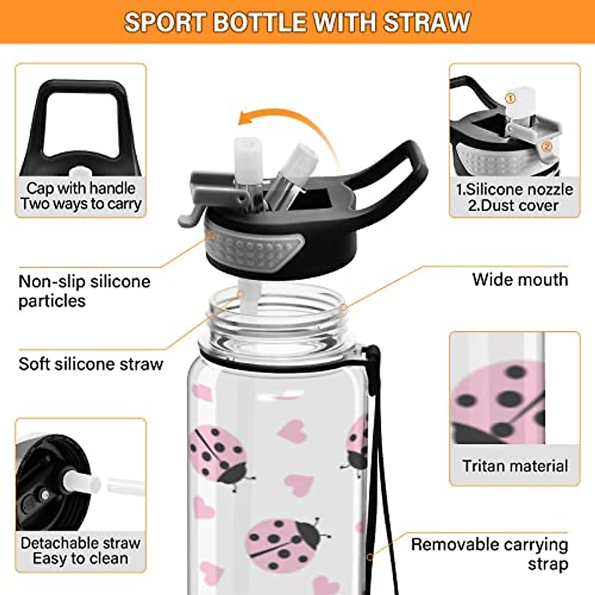 Fustylead Cute Ladybug and Hearts 32oz BPA Free Water Bottles, Leakproof Tritan Sport Water Bottle with Straw for Gym Fitness Running