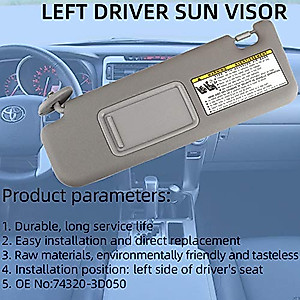 Dasbecan Gray Left Driver Side Sun Visor Compatible with Toyota 4Runner 2004-2008 Replaces# 74320-3D050 74320-3D050-B0