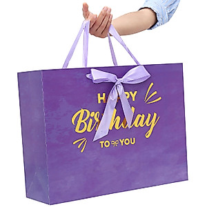 16.5" Extra Large Purple Painting Gift Bag Set with Greeting Card and Lavender Tissue Papers (Gold Foil Happy Birthday) for Women's Birthday Party, Girls' Birthday Parties, Baby Shower, Baby Girl - 16.5”x5.5”x12.6”, 1 Pcs.