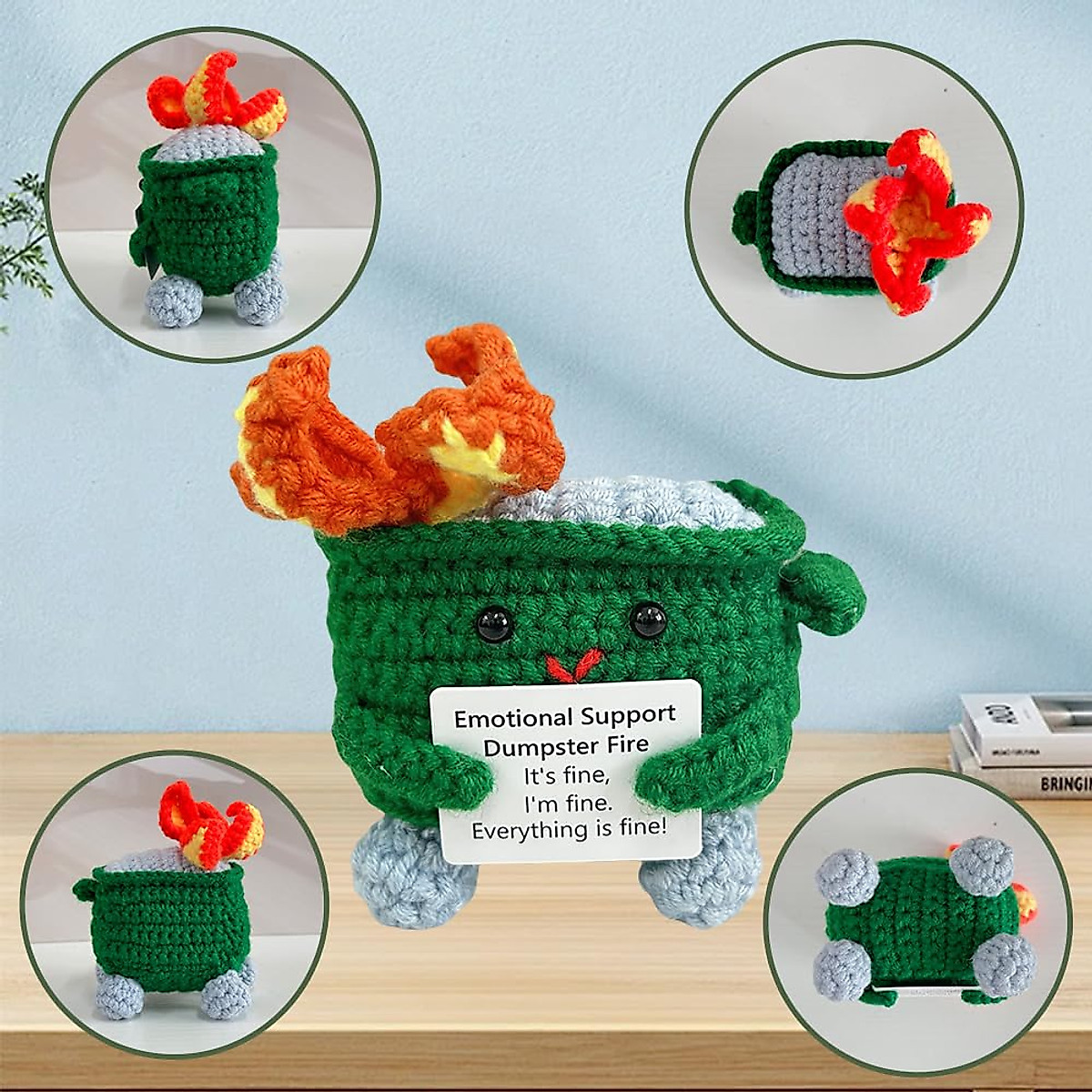 Emotional Support Crochet Dumpster Fire with Positive Card Cute Room Decor Knitted Toys Funny Crochet Support Buddies Gifts for Friends (Green)