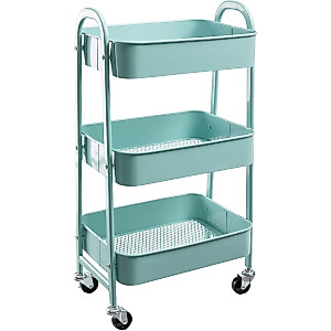 AGTEK Makeup Cart, Movable Rolling Organizer Cart, Aqua Blue 3 Tier Metal Utility Cart