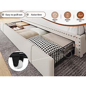 EnHomee Queen Bed Frame with Headboard and 3 Large Drawers, Upholstered Platform Bed Frame Queen Size with Storage, Queen Size Bed Frame with Headboard, Sturdy, No Box Spring Needed, No-Noise, Beige