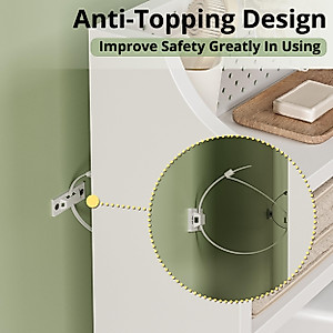 IRONCK Over The Toilet Storage Cabinet, Freestanding Bathroom Organizer with Door Cabinet & Open Shelves, Space-Saving Toilet Rack with Metal Pegboard and Wire Basket for Bathroom, Laundry Room, White