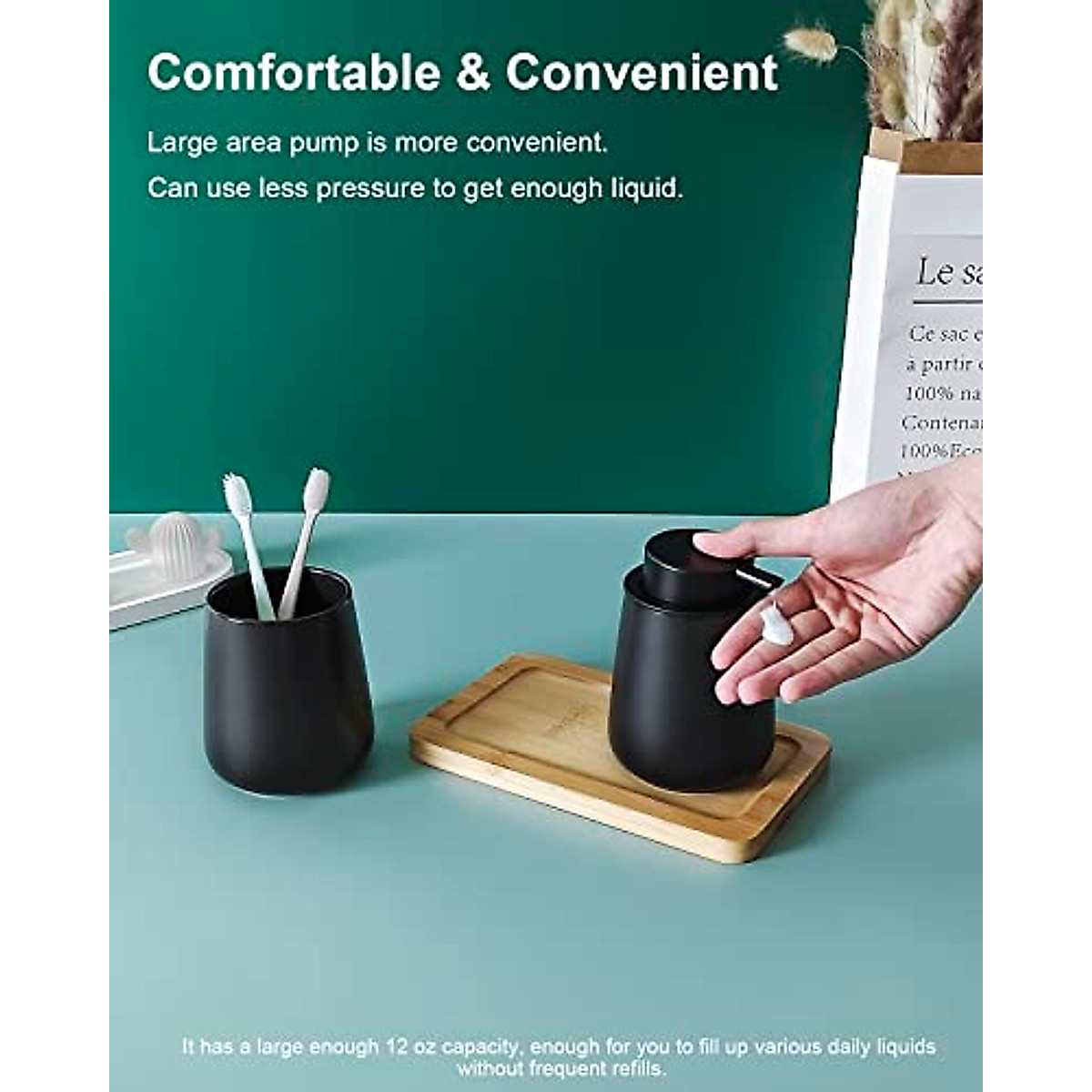 Black Soap Dispenser and Toothbrush Holder Set of 2, 12oz Ceramic Hand Soap Dispenser and Toothbrush Cup Holders for Farmhouse Bathroom Decor with Wooden Tray