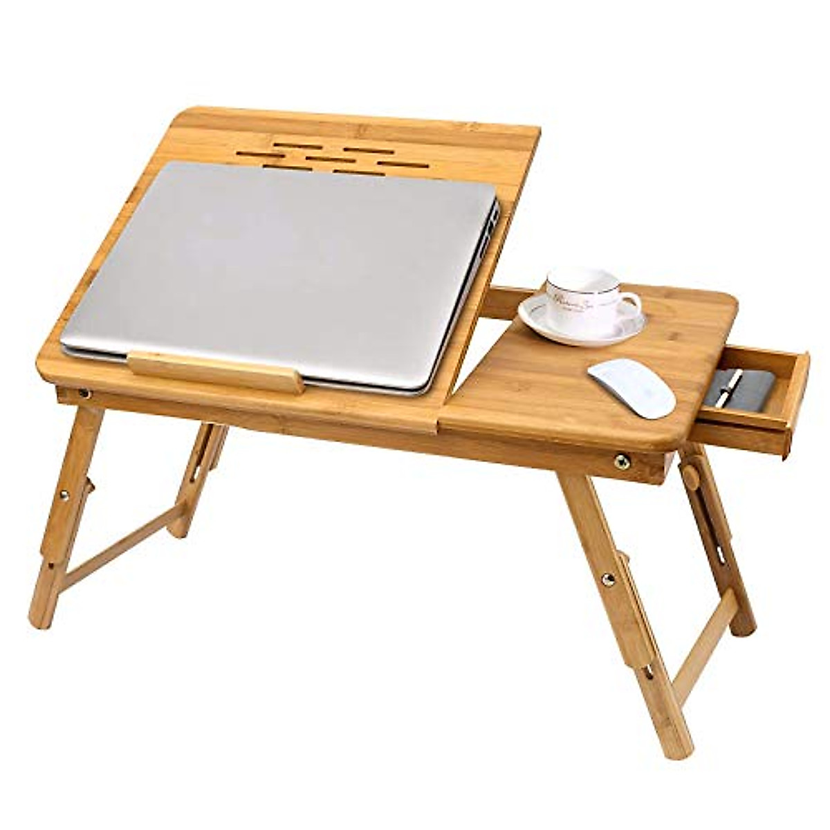Bamboo Laptop Desk, Adjustable Portable Breakfast Serving Bed Tray with Tilting Top Drawer for Surfing Reading Writing Eating (Bamboo)