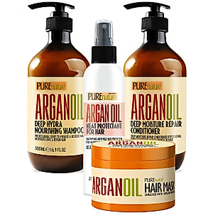 PURE NATURE Moroccan Argan Oil Shampoo and Conditioner Set with Heat Protectant Spray and Keratin Hair Mask