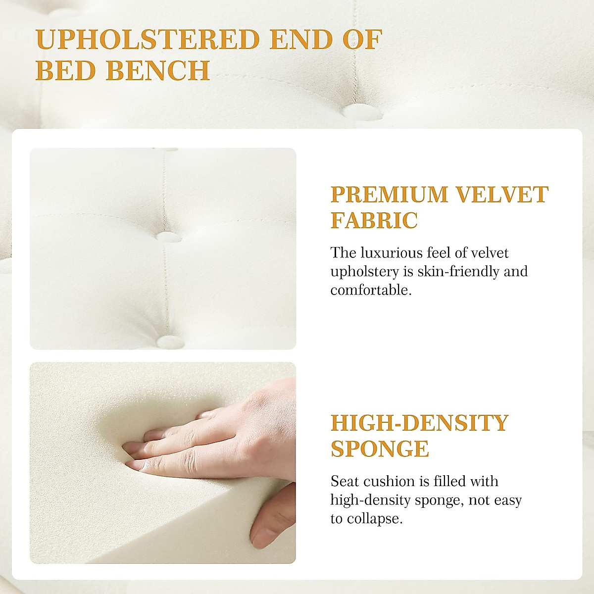 HULALA HOME Modern Velvet Storage Ottoman Bench with Gold Base & Nailhead Trim, Upholstered Bedroom Bench for End of Bed, Button-Tufted Footstool for Entryway Living Room Dining Room, Ivory