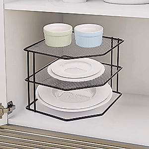 Yarlung 3-Tier Cabinet Corner Shelf, 9x9x7.5 Inches Metal Wire Plate Rack Kitchen Counter Corner Organizer for Cups, Dishes, Cupboard, Pantry, Black Elegant Finish