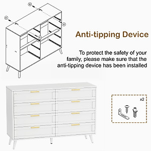 Rovaurx 8 Drawer Double Dresser for Bedroom, Chest of Dressers, Modern Wooden Dresser Chest with Golden Handles, Beside Table for Closet, Living Room and Entryway, White RDG003W