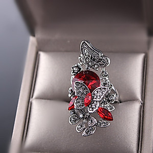 Ajojewel Red Crystal Rhinestone Flower and Butterfly Rings For Women Retro Vintage Jewelry (Red, 8)