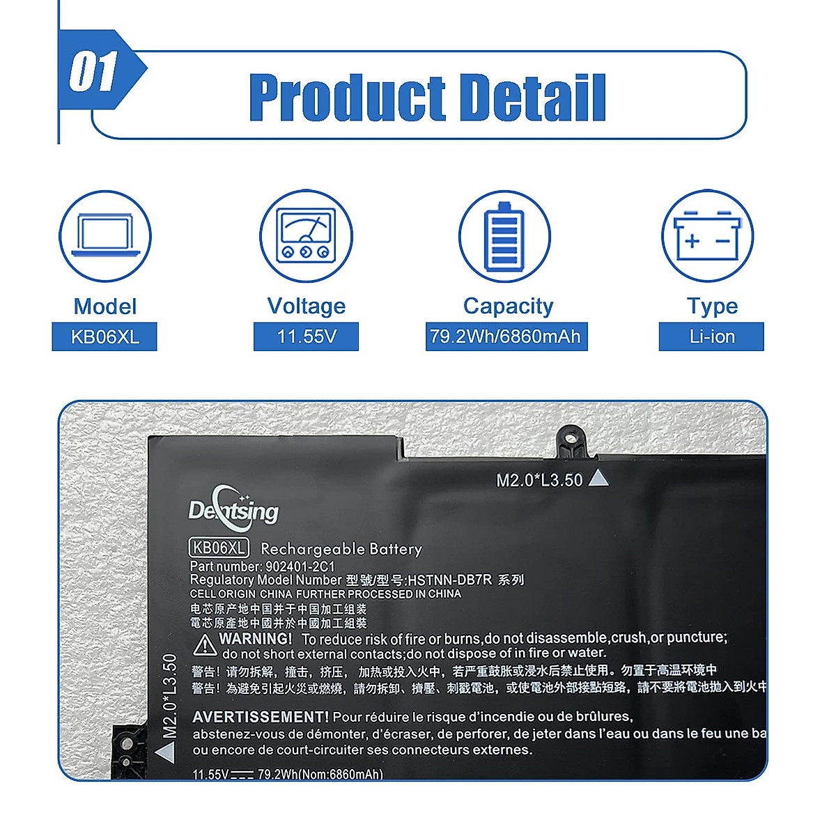 Dentsing KB06XL 902499-855 Laptop Battery Replace for HP Spectre X360 15-BL0XX 15-BL1XX 15-BL112DX Series Notebook 902499-856 902401-2C1 11.55V 79.2Wh