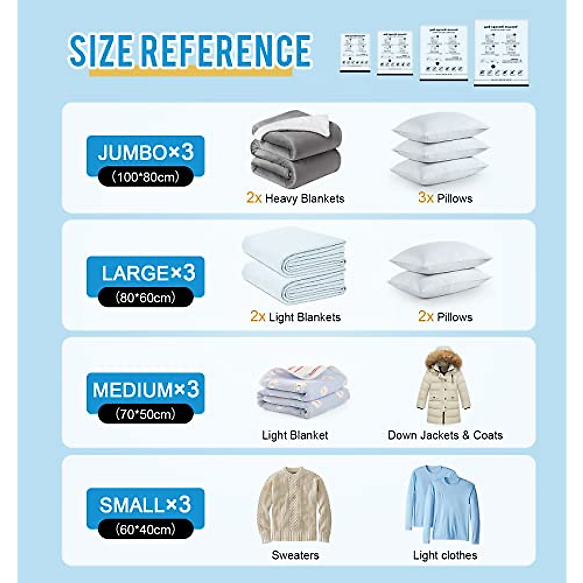 Vacuum Storage Bags 12-Pack (3 Jumbo, 3 Large, 3 Medium, 3 Small) Vacuum Sealer Bags for Bedding, Compression Space Bags for Comforters & Blankets, Space Saver Bags Clothing Storage Premium Thicker…