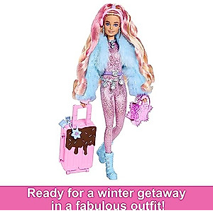Barbie Extra Fly Doll with Snow-Themed Travel Clothes & Accessories, Sparkly Pink Jumpsuit & Faux Fur Coat