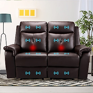 B BAIJIAWEI PU Leather Reclining Sofa - Manual Double Recliner Loveseat with Massage & Heating - 2-Seater Home Theater Seating for Living Room, Reading Room, Bedroom (Brown)