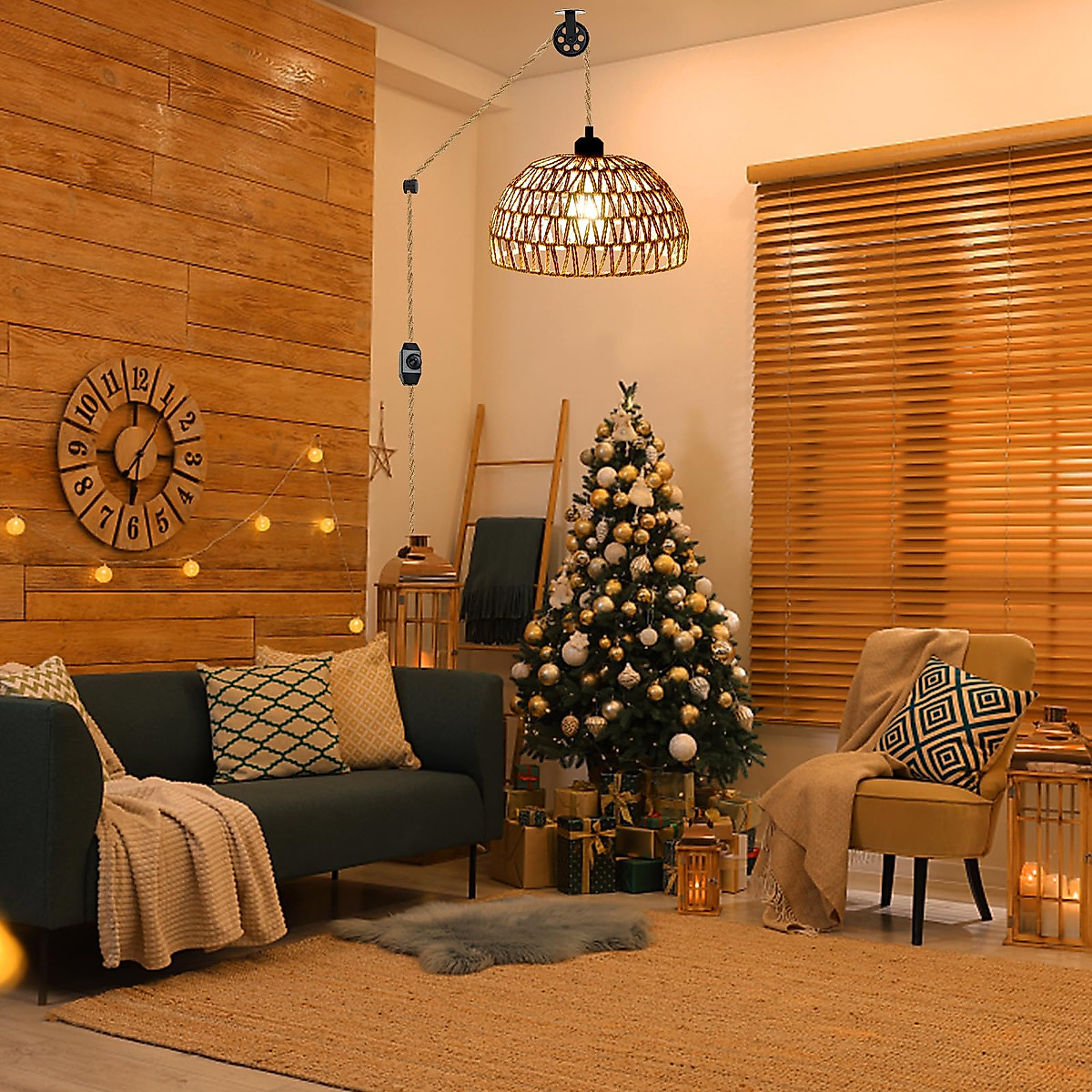 Rattan Plug in Pendant Light, Boho Hanging Lights with Plug in Cord 15ft, Handwoven Hemp Rope Chandelier Light Fixtures with Dimmer Switch for Bedroom Living Dinning Room Kitchen