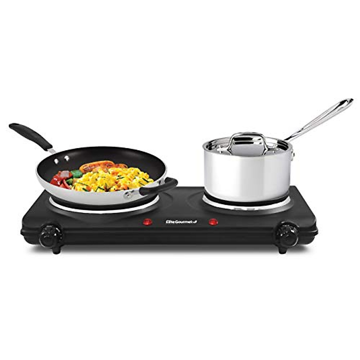 Elite Gourmet EDB-302BF Countertop Double Cast Iron Burner, 1500 Watts Electric Hot Plate, Temperature Controls, Power Indicator Lights, Easy to Clean, Black