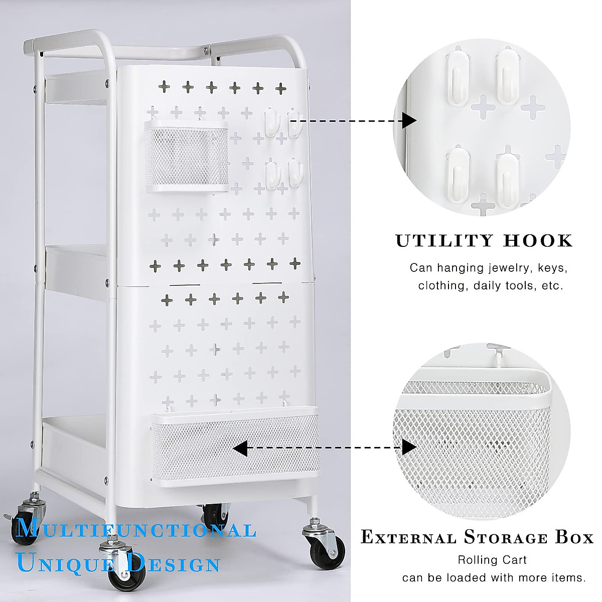 3-Tier Rolling Cart,Metal Utility Cart with Pegboard,Rolling Storage Carts with Wheels for Kitchen Living Room Office by Dailyart