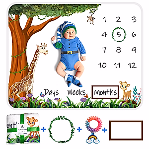 Qualitish Baby Monthly Milestone Blanket Boy Girl, Unisex baby milestone blanket | 40X50 inch Large Premium Extra Soft, Cozy Minky Fleece | Newborn Month Photo Blanket with Wreath Frame and Wrist Band